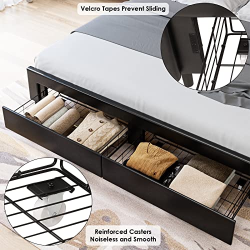 King Bed Frame with 2 Storage Drawers, Leather Upholstered Platform Bed Frame with Button Tufted Headboard, Wooden Slats and Adjustable Headboard Mattress Foundation, No Box Spring Needed, Black