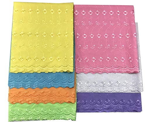 AMORNPHAN Set of Daisy Floral Flower Embroidered Eyelet Lace 100% Cotton Quilting Fabric for Patchwork Needlework DIY Handmade Sewing Crafting Decor Face mask Precut 18x22 Inches (Set of 7 Pieces)