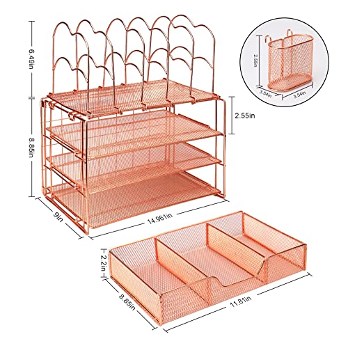 Desk Organizers and Accessories, 4 Tier Desk Organizers with 5 Upright Sections, 2 Pen Holders and Drawer, Desk accessories & workspace organizers, for School Home Office Supplies Organizer, Rose Gold