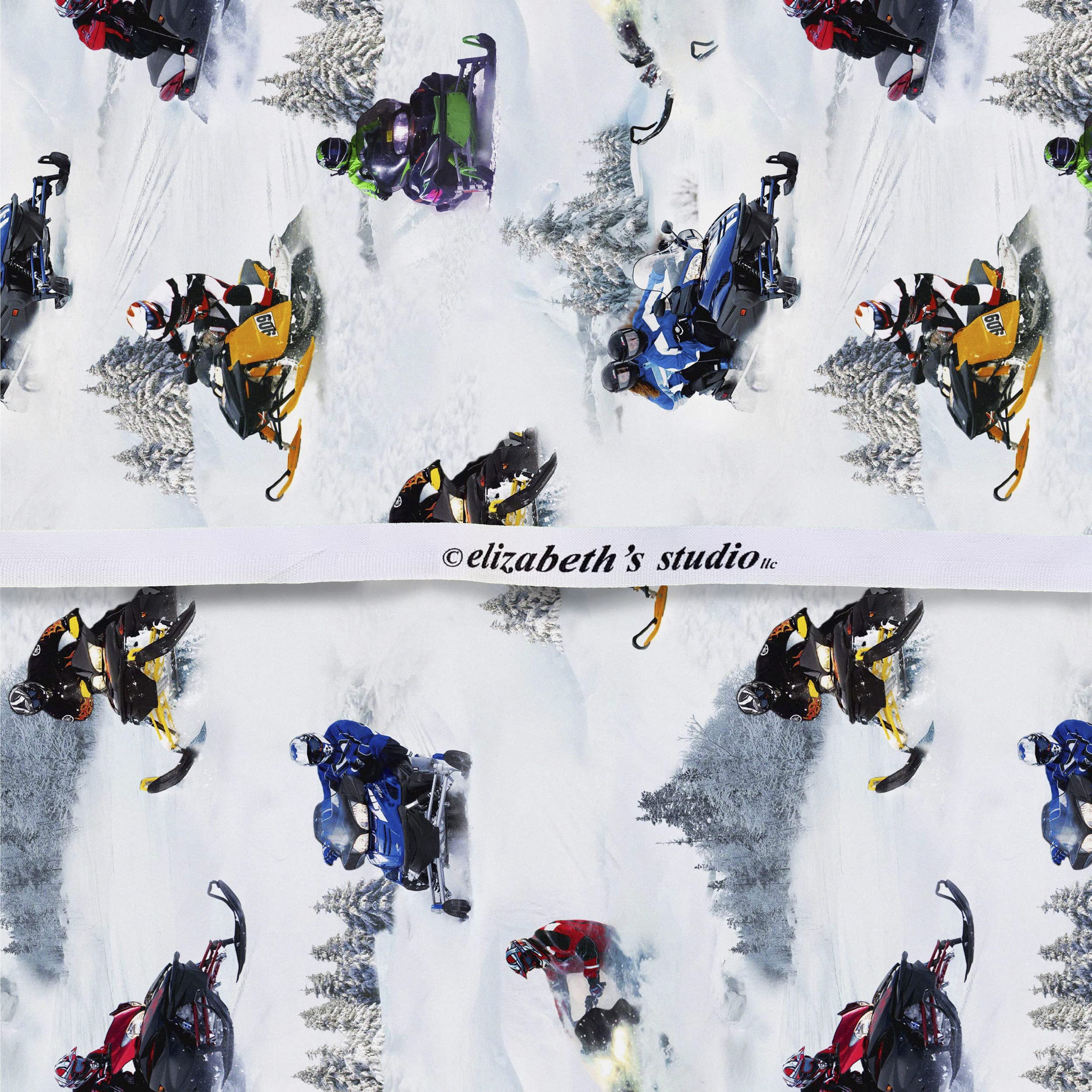 in Motion Snow Mobiles White, Fabric by The Yard