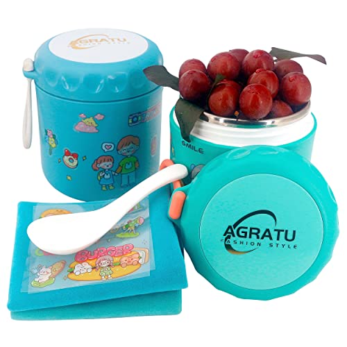 AGRATU 2 Pack Kids Thermos for Hot Food with Spoon Thermos Food Jar for Kids 13.5oz(Green/Blue)