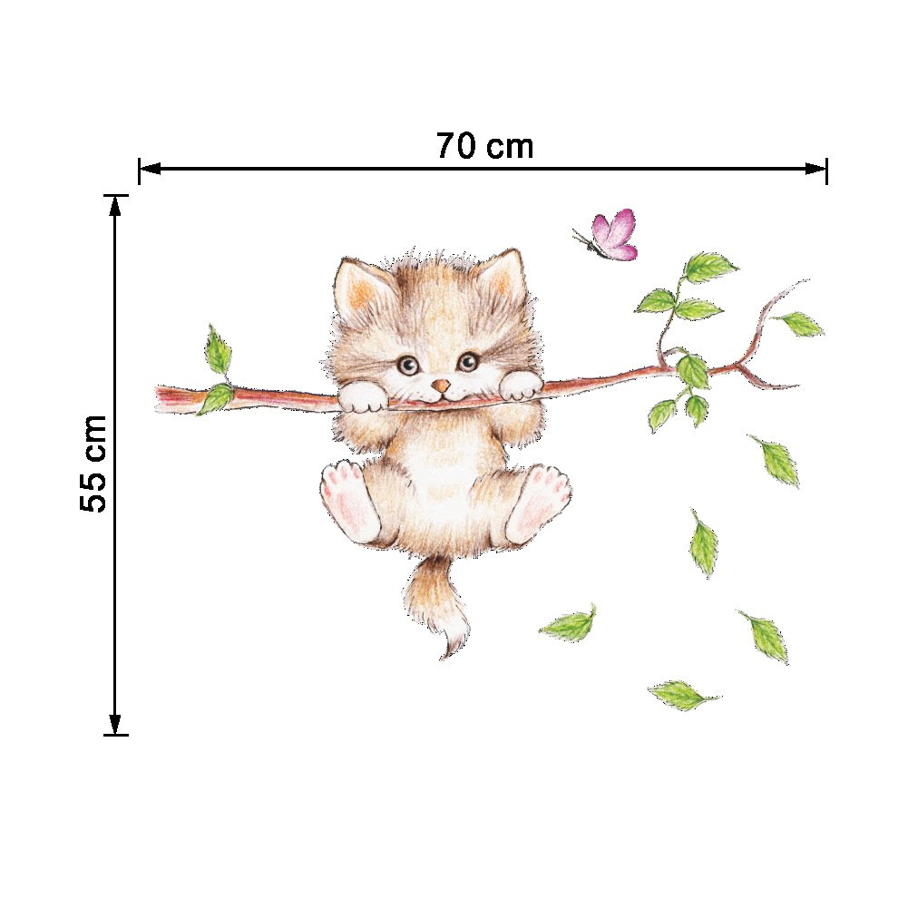 Cartoon Cute Cat On The Tree Branches Wall Decals Removable Kitty Wall Stickers Decor Girls Bedroom Decal Kids Nursery Sticker Bathroom Wall Art Decoration Kitty Decals Cats Wall Sticker