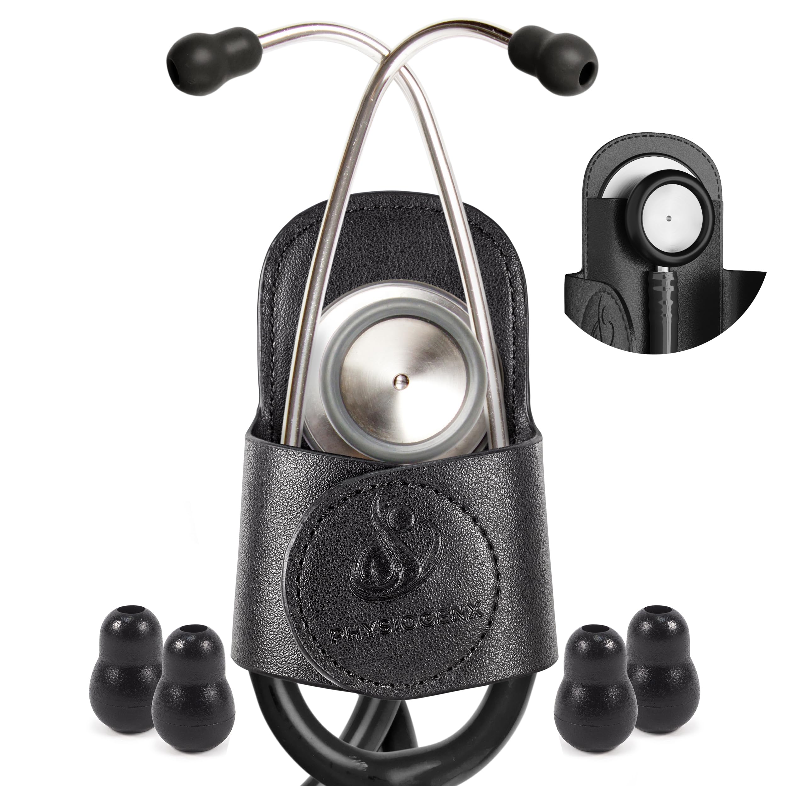 Stethoscope Holder Hip Clip with Upgraded Secure Magnetic Closure and Bell Pocket โ Hygienic Stethoscope Clip Designed to Hold All Brands & Styles โ Includes Replacement Stethoscope Ear Tips (Black)