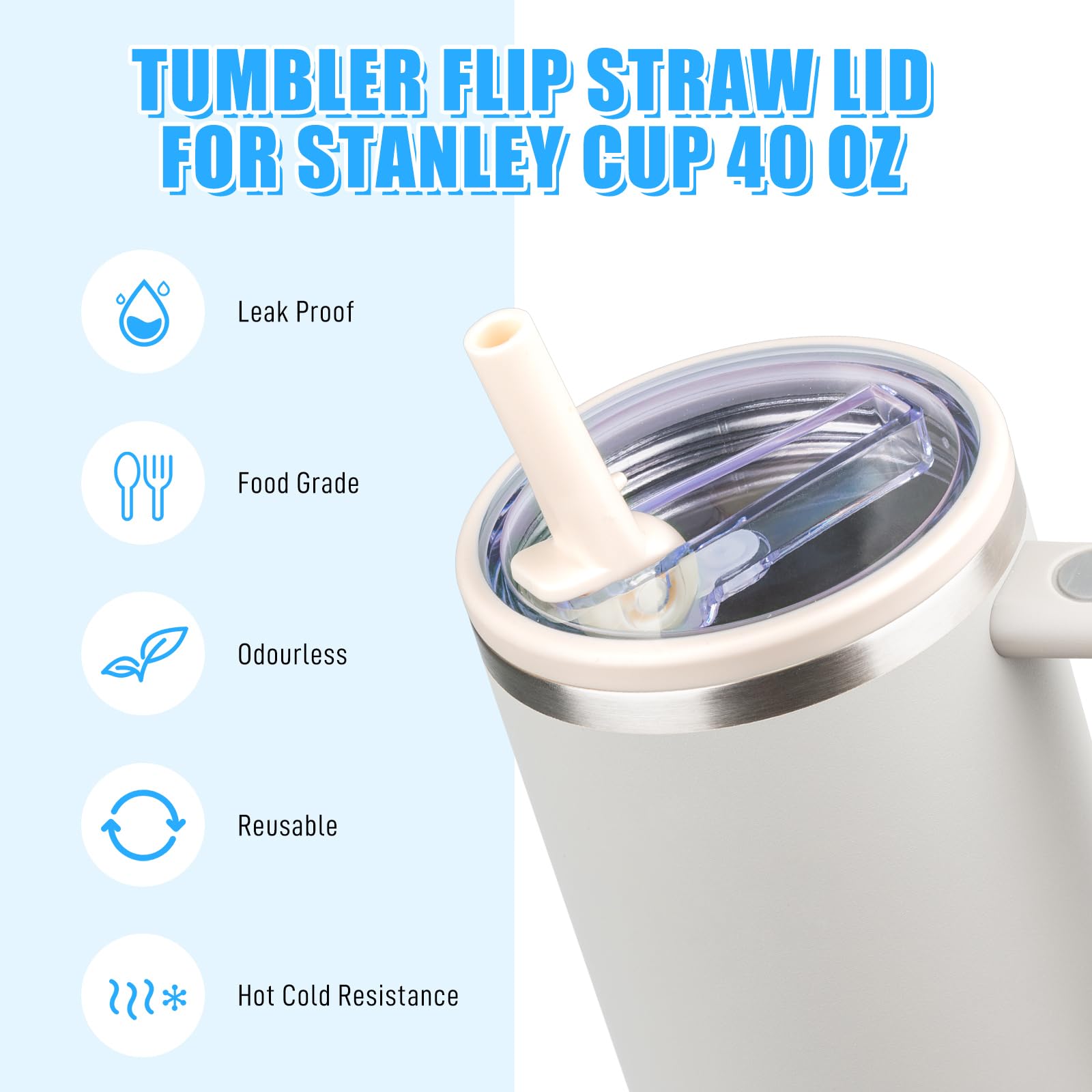 40 oz Tumbler Flip Straw Lid Compatible with Stanley Cup 40oz Tumbler Tumbler Cover Compatible with Stanley Cup Quencher (Cream White, 2 Pack)