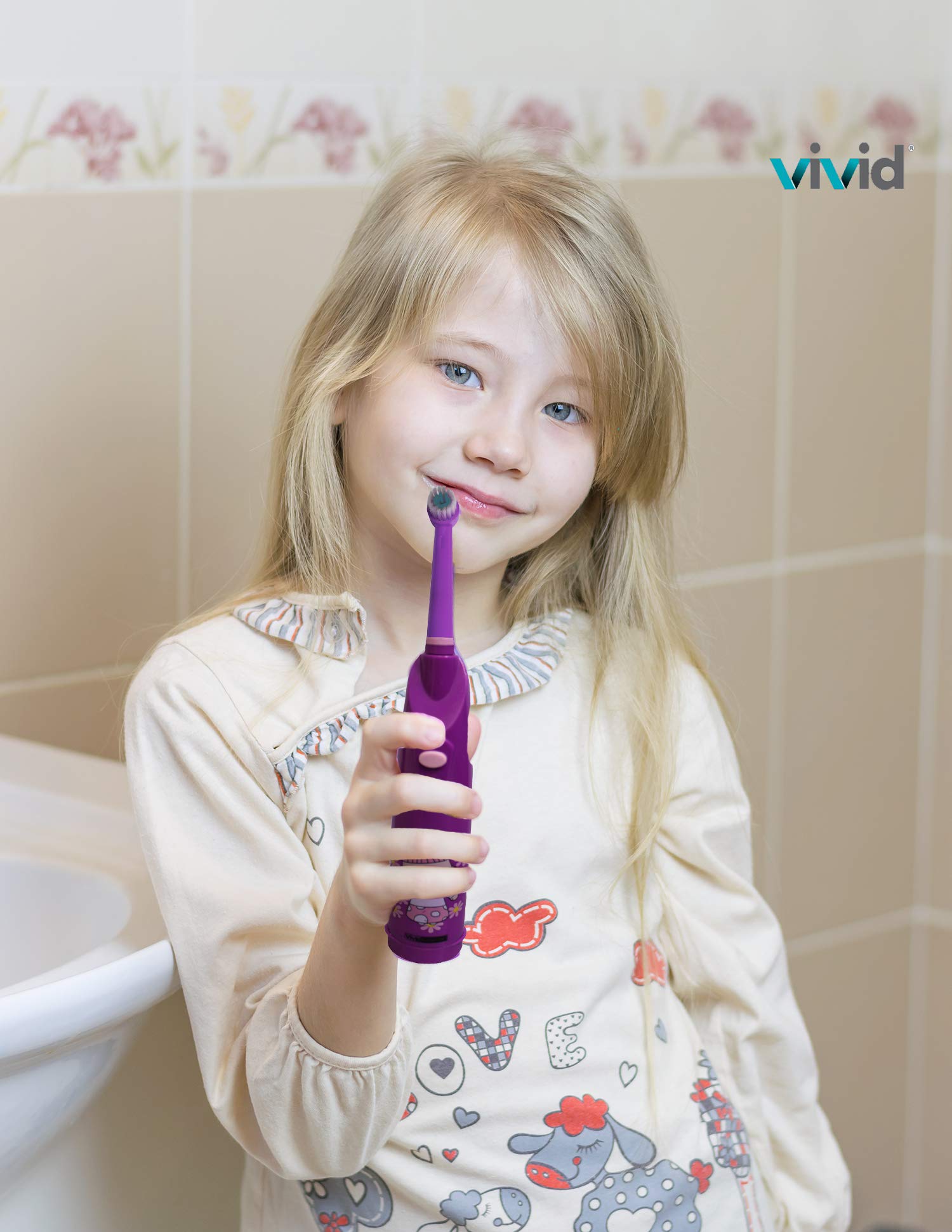 Kids Battery Powered Electric Toothbrush with Extra Soft Bristles Brush Head, Rotating Speed 5000 Times/Minute, Soft End Rounded Bristle, For Children age 3+, KiddyCare, by Vivid (Purple)