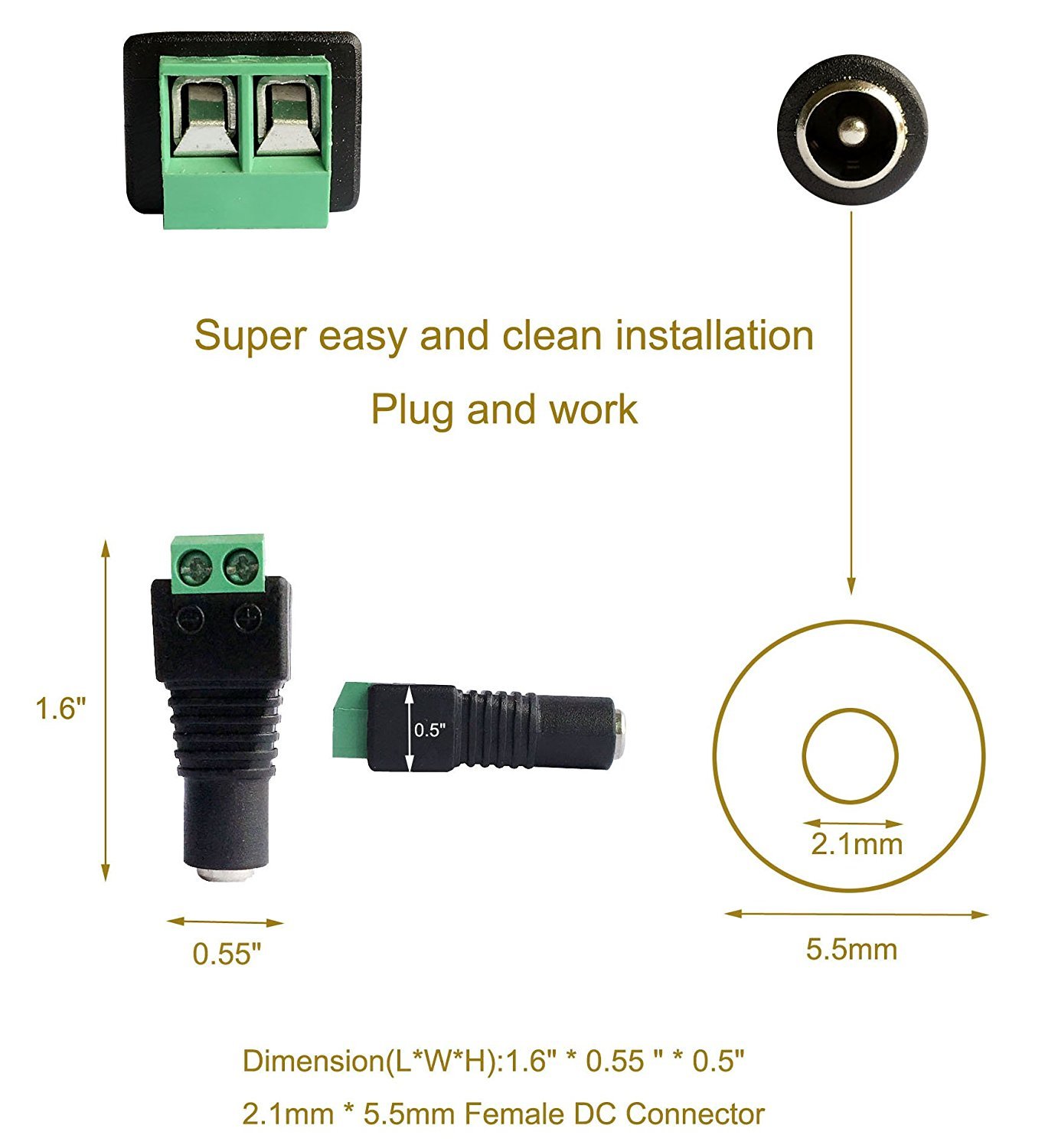 HiLetgo 10Pair Male Female 5.5 X 2.1mm DC Power Plug CCTV 12V Power Terminal Connector