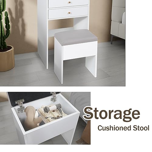 ARTETHYS Small Vanity Desk Set with 3 Adjustable Lighted Mirror and Storage Chair, Makeup Vanity Table for Small Space, White Dressing Table with Fold-up Panel for Bedroom