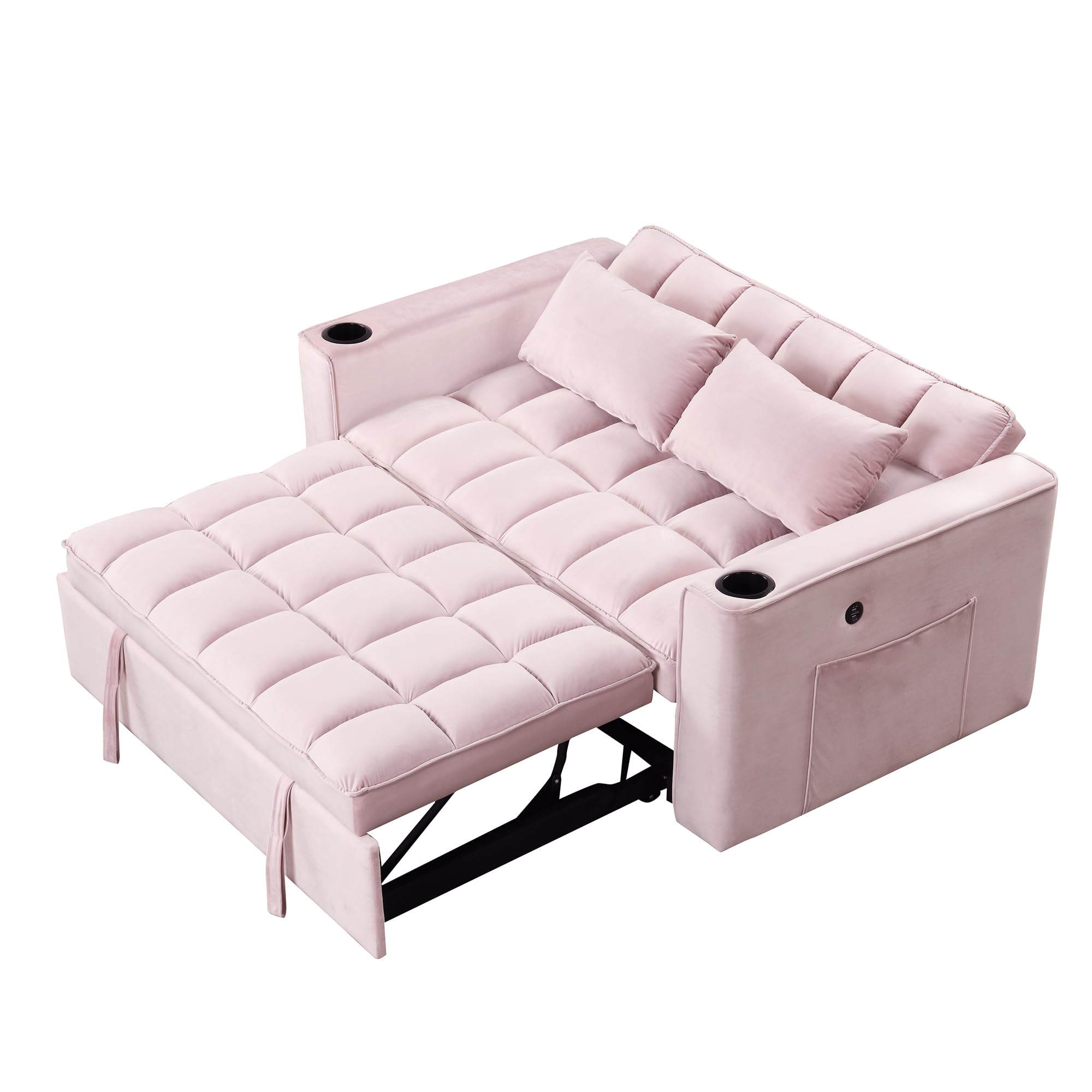 4-in-1 Multi-Functional Convertible Sofa Bed w/Cup Holder and USB Port,Velvet Upholstery Sleeper Couch Pull-Out Sofabed, 55.3'' Loveseat Chaise Lounge with Pillows for Living Room,Small Place