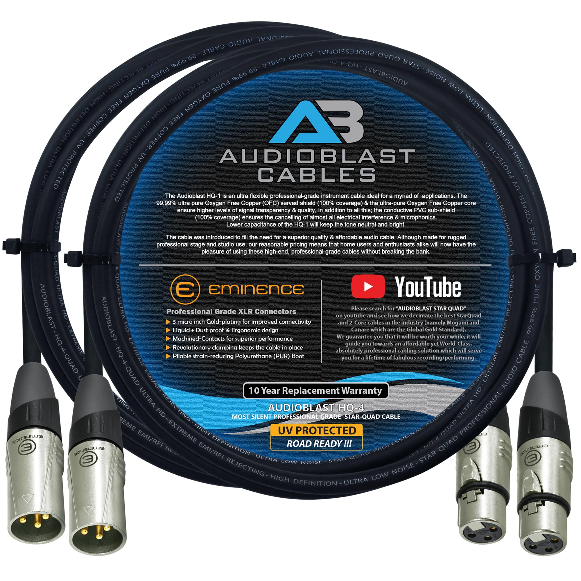 Audioblast - 2 Units - 3 Foot - HQ-4 - Star Quad Balanced Male to Female Microphone Cables with Eminence E311 & E312 Gold XLR Connectors â UV Protected & Road Ready