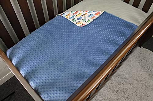 Top Tots Baby Blanket - City Cars and Trucks with Navy Blue Minky Dot