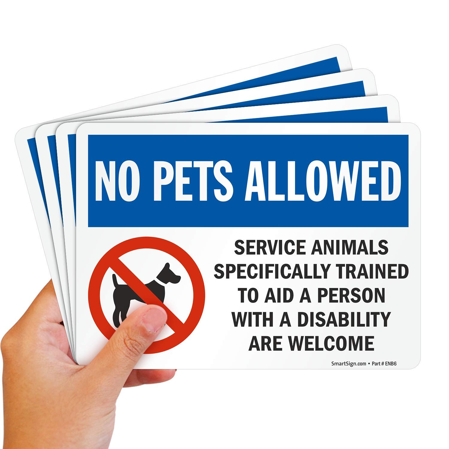 SmartSign 4-Pack 5 x 7 inch 'No Pets Allowed Service Animals Trained to Aid Person with Disability Welcome' Sticker Labels, 5 mil Laminated Polyester with SuperStick Adhesive, USA-Made