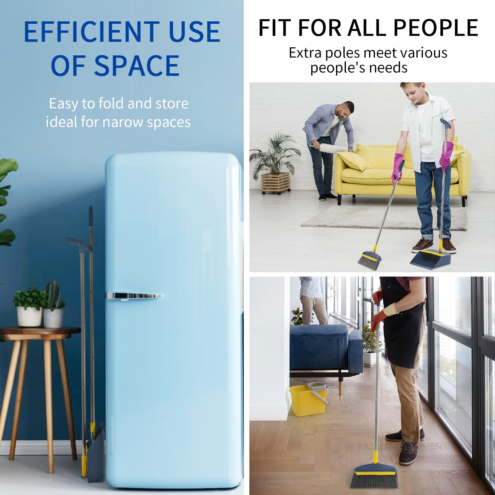 Broom and Dustpan Set,2 in 1 Broom Brush with Dustpan Combo Set, Upright 180°Rotating Broom with Long Handle and Lightwight Dust Pans for Home Kitchen Room Office Lobby Floor Cleaning,Blue