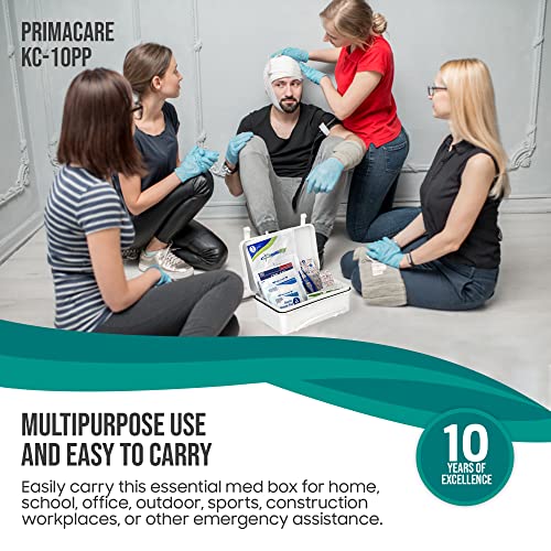 Primacare KC-10PP 10 Person Compact First Aid Kit, 8"x5"x3", with 102 Pieces Emergency Medical Supplies, Portable Kits for Home, School and Office, Wall Mount, White