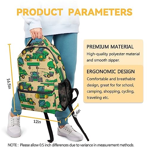 AIOMXZZ Tractor School Backpack for Kids, 16 Inch Green Backpacks for Boys, Cartoon, Durable, Lightweight, Large Capacity Bookbag for Travel