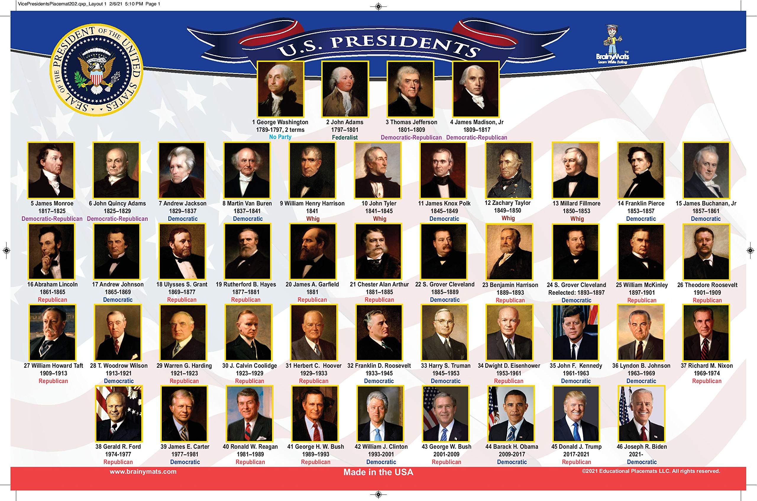 Brainy Mats Presidents Placemat for Kids 17 X 11