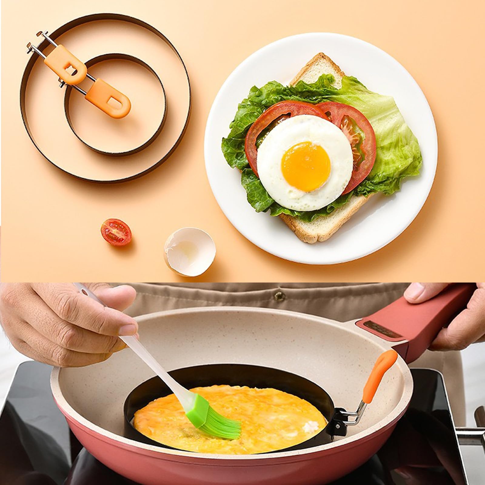 6" Pancake Ring 4" Egg Ring for Griddle,Non-Stick Stainless Steel 6 Inch Pancake 4 Inch Egg Ring for Frying Egg Crumpet Ring Muffin Ring with Silicone Handle(2X 6" Pancake Ring + 2X 4" Egg Ring)