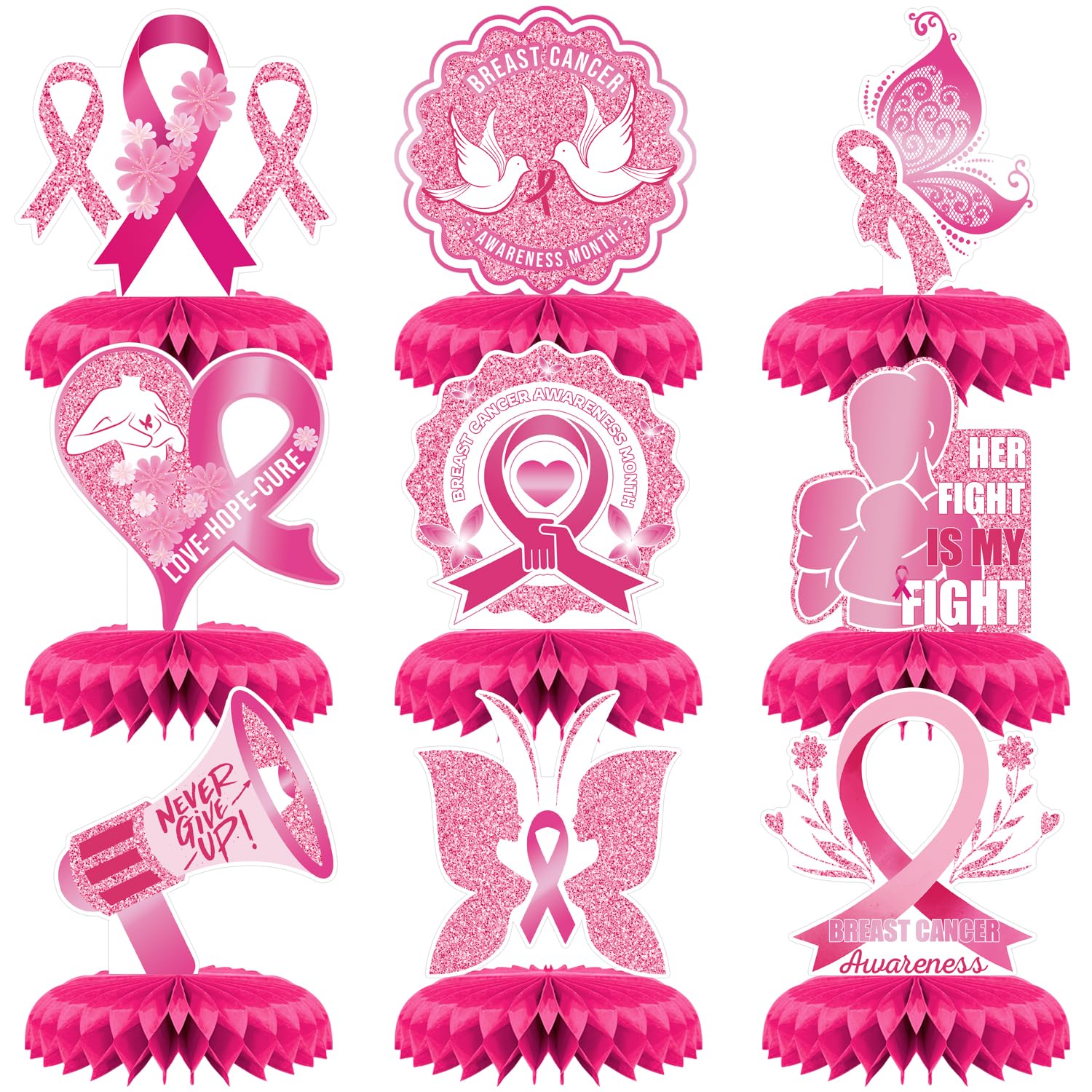 9 PCS Breast Cancer Awareness Centerpieces Pink Ribbon Faith Strength Courage Table Decorations Pink Ribbon Cake Table Decoration