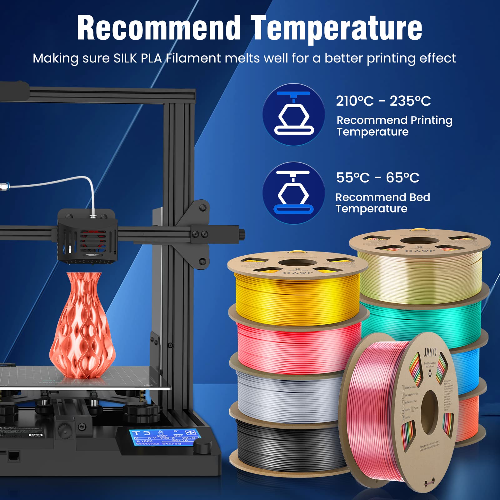 Silk Shiny PLA 3D Printer Filament 1.75mm, JAYO Silk PLA 0.65kg Spool 3D Printing Material, Silky Shine Surface, Neatly Wound Filament, Fits for Most FDM 3D Printers, Light Gold 650g