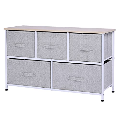 HOMCOM 40" L 5 Drawer Horizontal Storage Cube Dresser Unit Bedroom Organizer Livingroom Shelf Tower with Fabric Bins