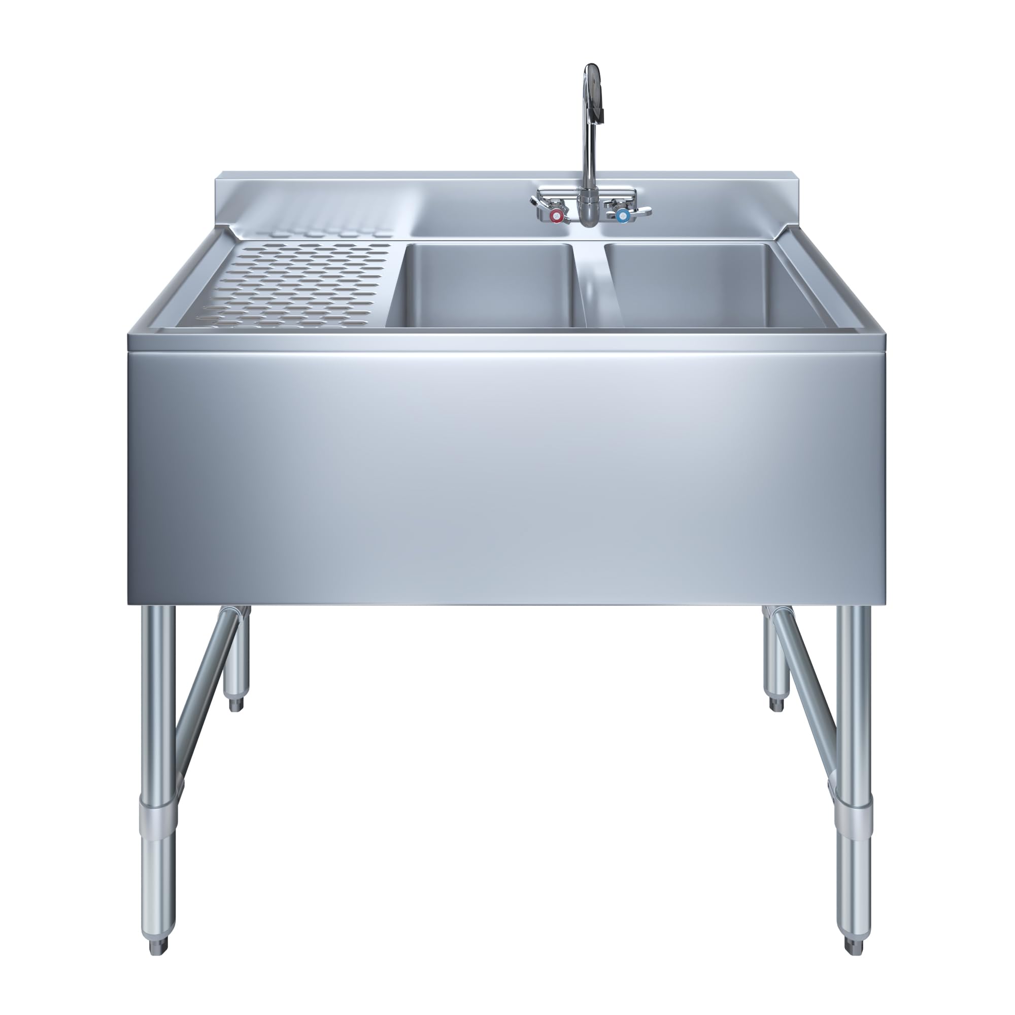 AmGood 2 Compartment Under Bar Sink With 12" Left Drainboard and Faucet - 36" X 18 3/4". NSF. Commercial Two Bowl Under Bar Sink