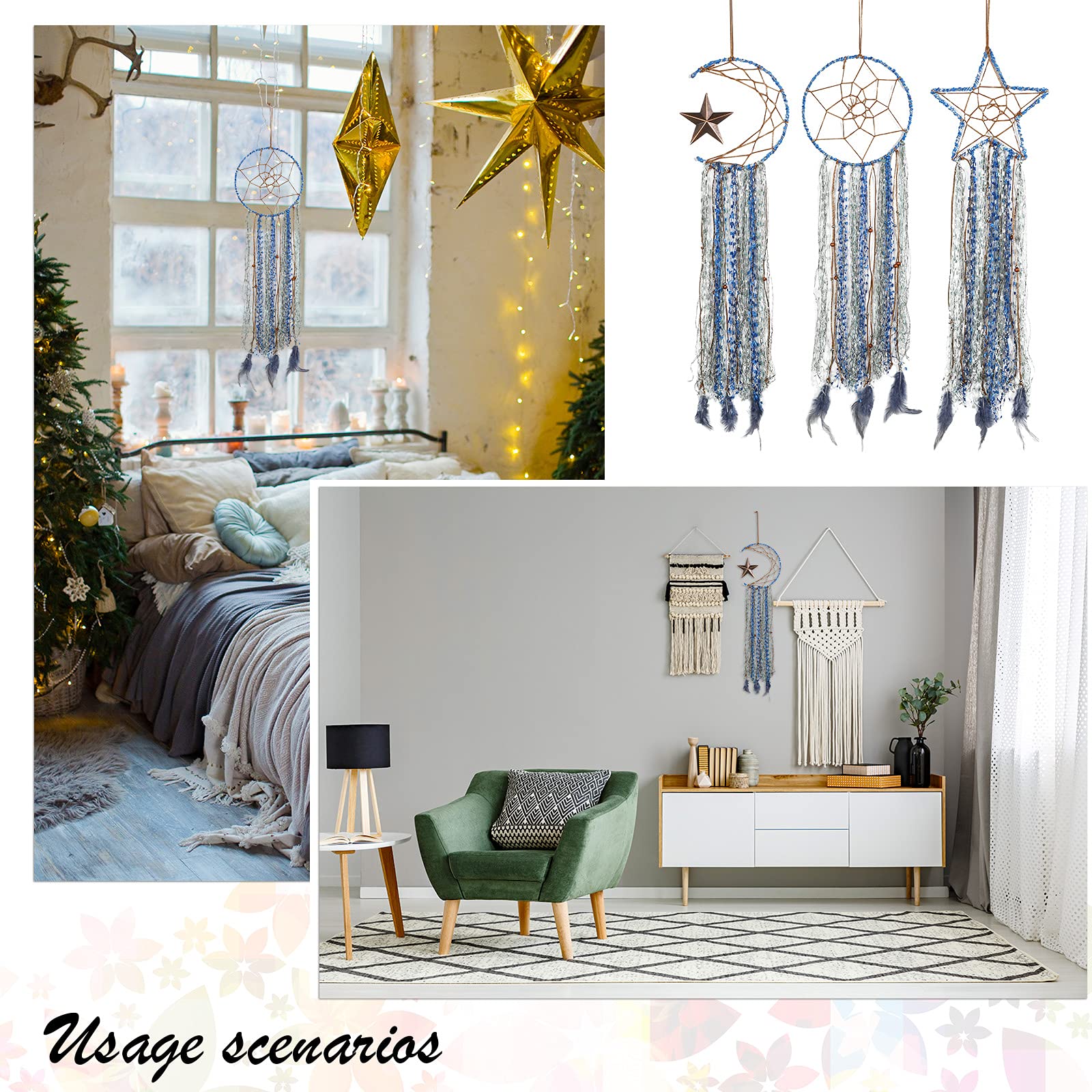 3 Pieces Dream Catcher Moon Sun Star Blue Design Handmade Modern Dreamcatcher with 3 LED String Lights for Bedroom Hanging Wall Home Decoration Ornament Festival Present