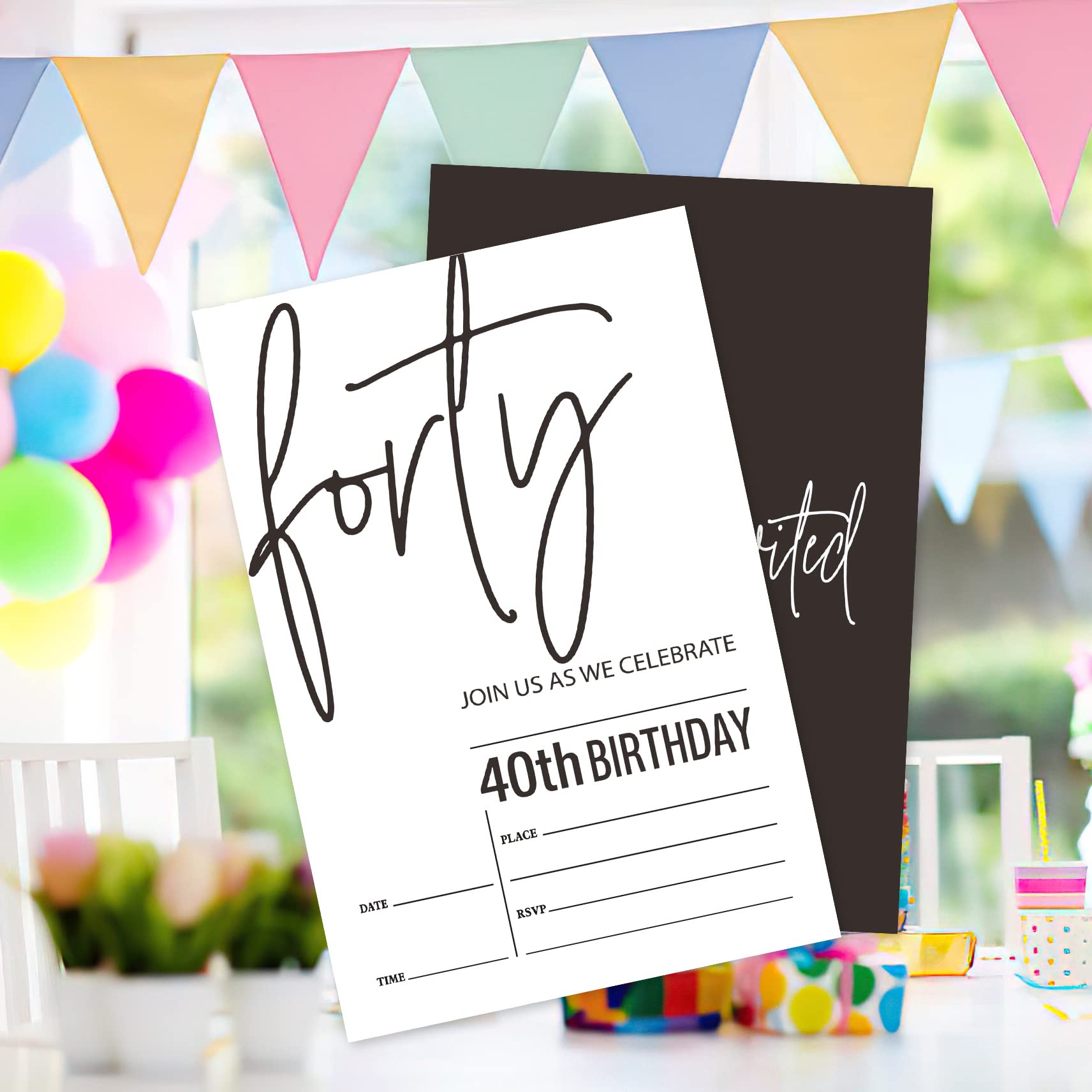 AEHIE 20 Sets 40th Birthday Party Invitations With Envelopes,Modern Black and White 40th Birthday Double-sided Printed Invitation Invite Cards for Women Men,40 Year Old Birthday Invites