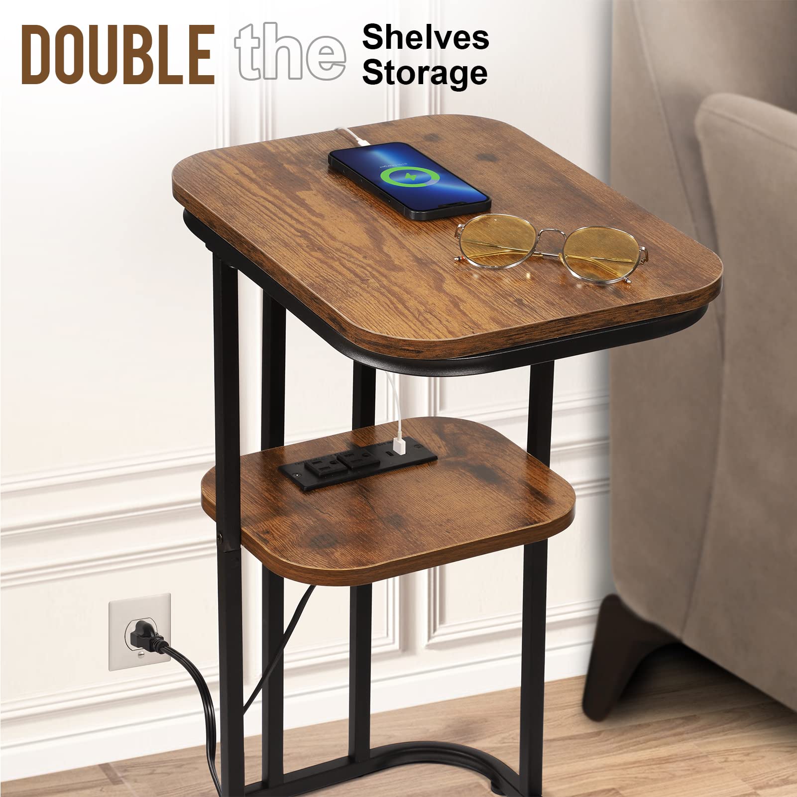 Allinside C Shaped End Table with Charging Station, 2-Tier Side Table with Storage Shelf Large Laptop TV Snack Tray Ideal for Couch, Sofa Slide Under, Bedside, Small Spaces (2 USB Ports & 2 Outlets)