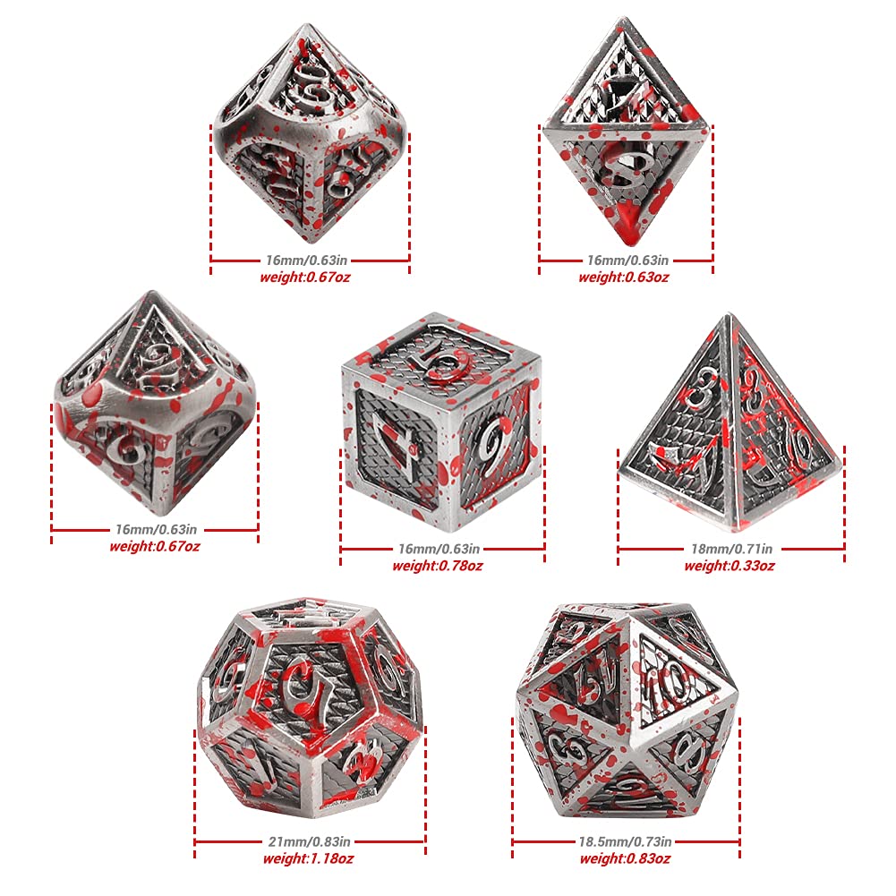 Bloodstained Metal DND Dice Set of 7Pcs with Storage Box, Dragon Scale D&D Dice Set with Oversized D20 for Tabletop Roleplaying Games, Dungeons and Dragons, DND, D&D