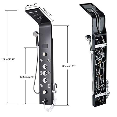AlenArt Wall Mount Stainless Steel LED Shower Panel Tower System, Rainfall Waterfall Shower Head, Hydroelectricity Display with Massage Jets,Black
