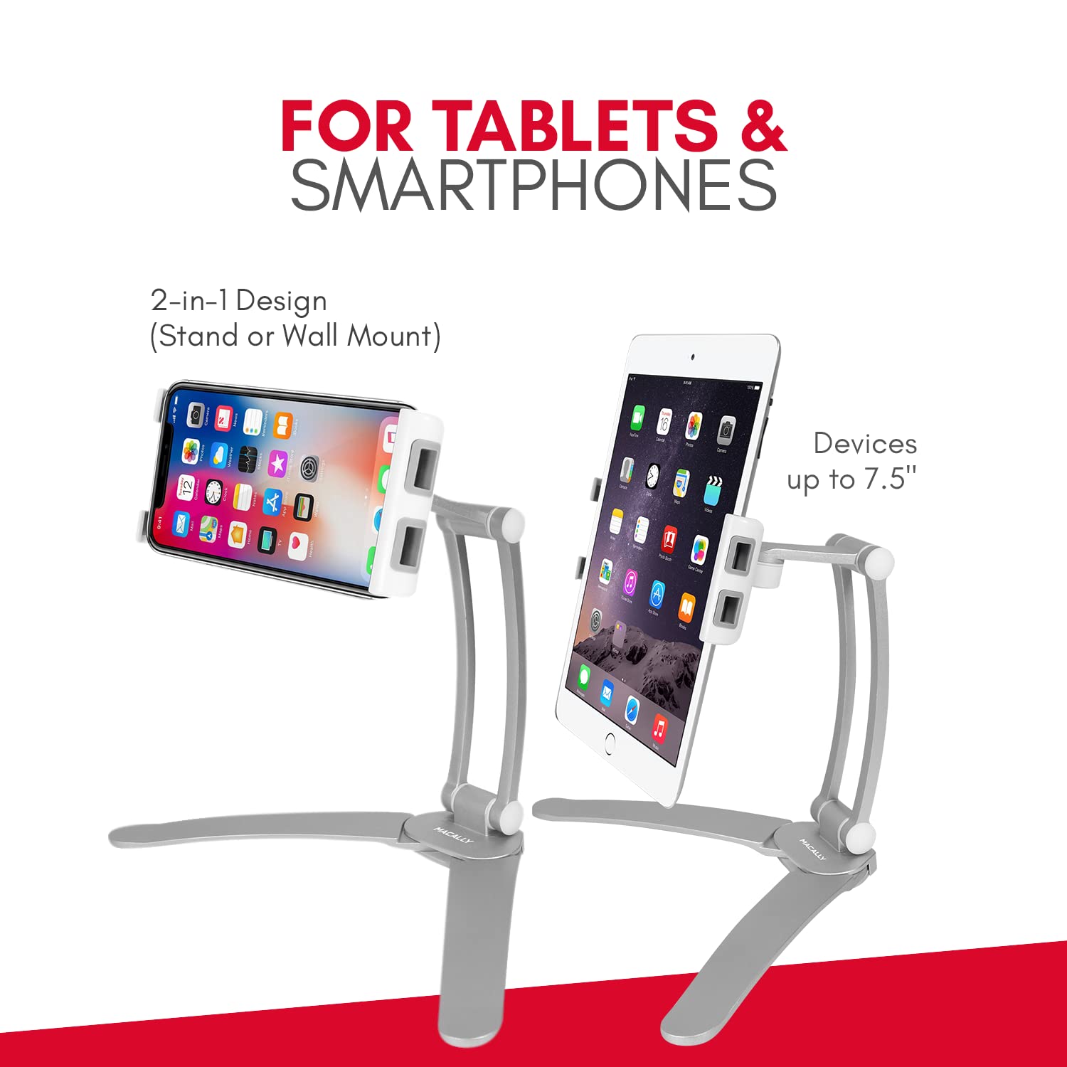 Macally 2-in-1 Kitchen Tablet Holder & Wall Mount iPad Stand / Under Cabinet Holder- Perfect for Recipe Reading on Countertop or Using on Office Desktop- Fits iPad Pro/Air Samsung Tab up to 7.5" Wide