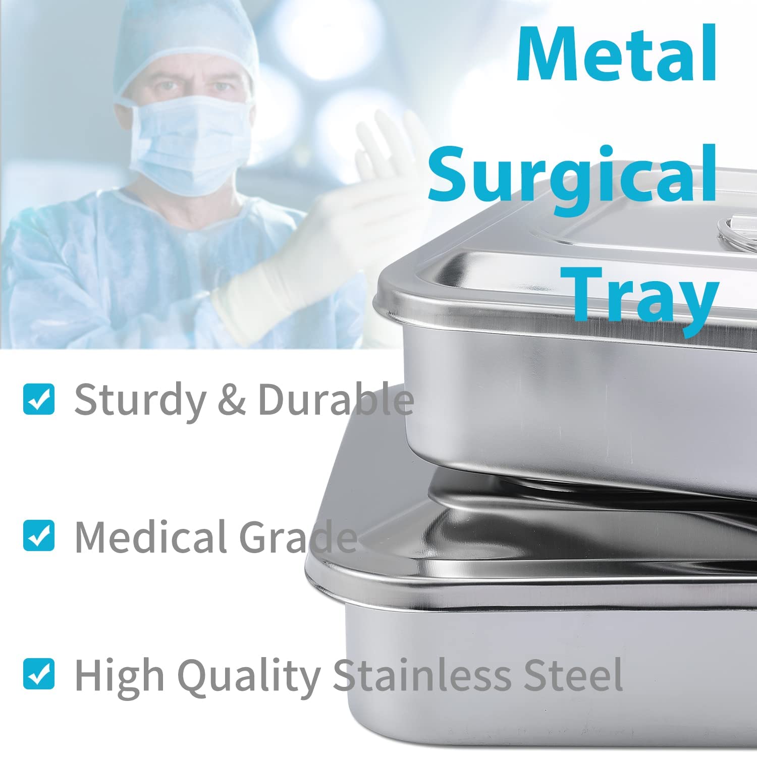 Medical Surgical Trays Stainless Steel Dental Instruments Tray Organizer Holder Sterilization Plate Trays boxs with Lid & Handle Grip 2 Sizes…