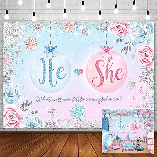 AIBIIN 7x5ft Winter Snowflake Gender Reveal Backdrop Pink or Blue He or She What Will Baby Be Boy Girl Floral Photography Background Baby Shower Party Decoration Banner Supplies Photo Studio Props