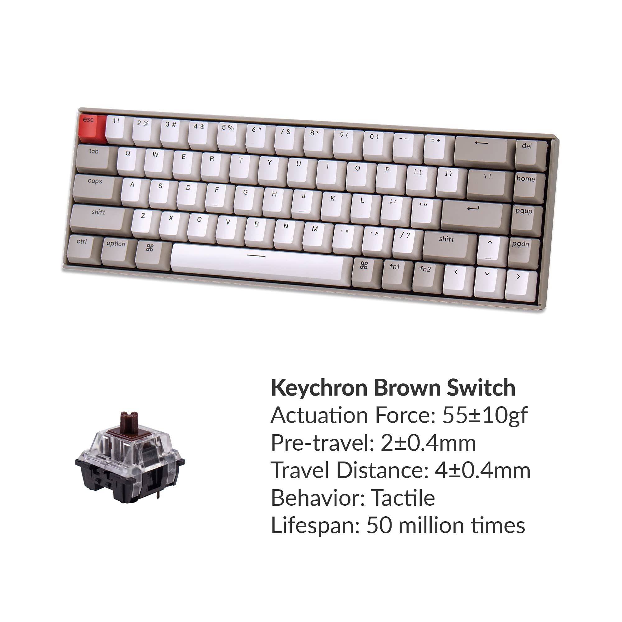 Keychron K6 Hot-Swappable Wireless Mechanical Keyboard for Mac, 65% Compact 68 Keys, Bluetooth, Multitasking, Type-C Wired Gaming Keyboard for Windows Non-Backlit with Keychron Brown Switch