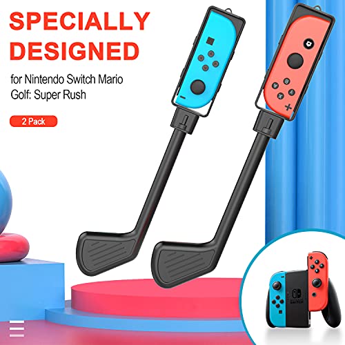 TiMOVO Golf Clubs Compatible with Nintendo Switch Mario Golf: Super Rush Game/Switch Sports, 2 Pack Golf Handle with Hand Strap Game Accessories Golf Grips Fit Switch/Switch OLED Controller, Black