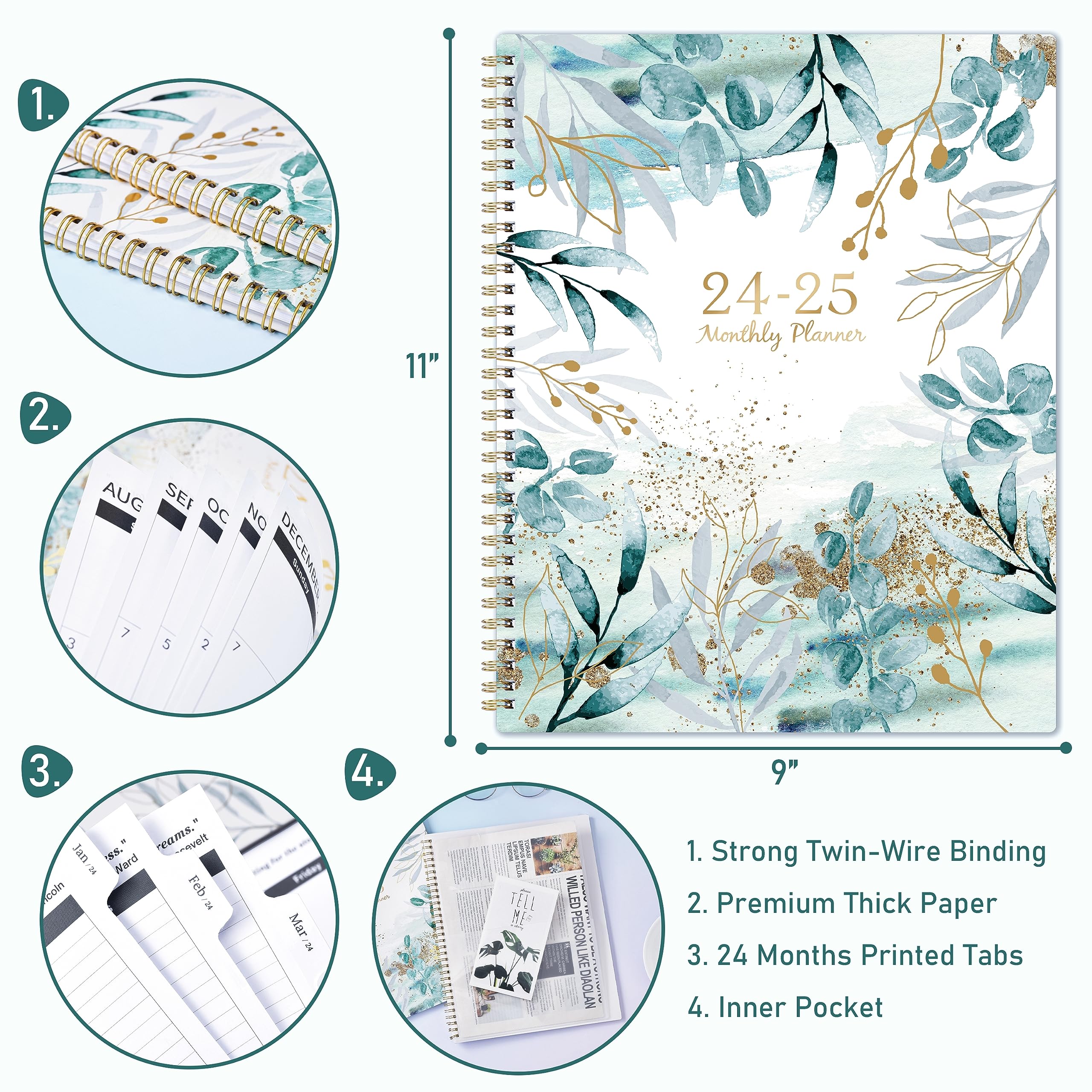 2024-2025 Monthly Planner - Monthly Planner 2024-2025, January 2024 - December 2025, 8.5" x 11", 2 Year Monthly Calendar, Monthly Planner 8.5''x11'' with Monthly Tabs, Double Back Pocket, Large Blocks