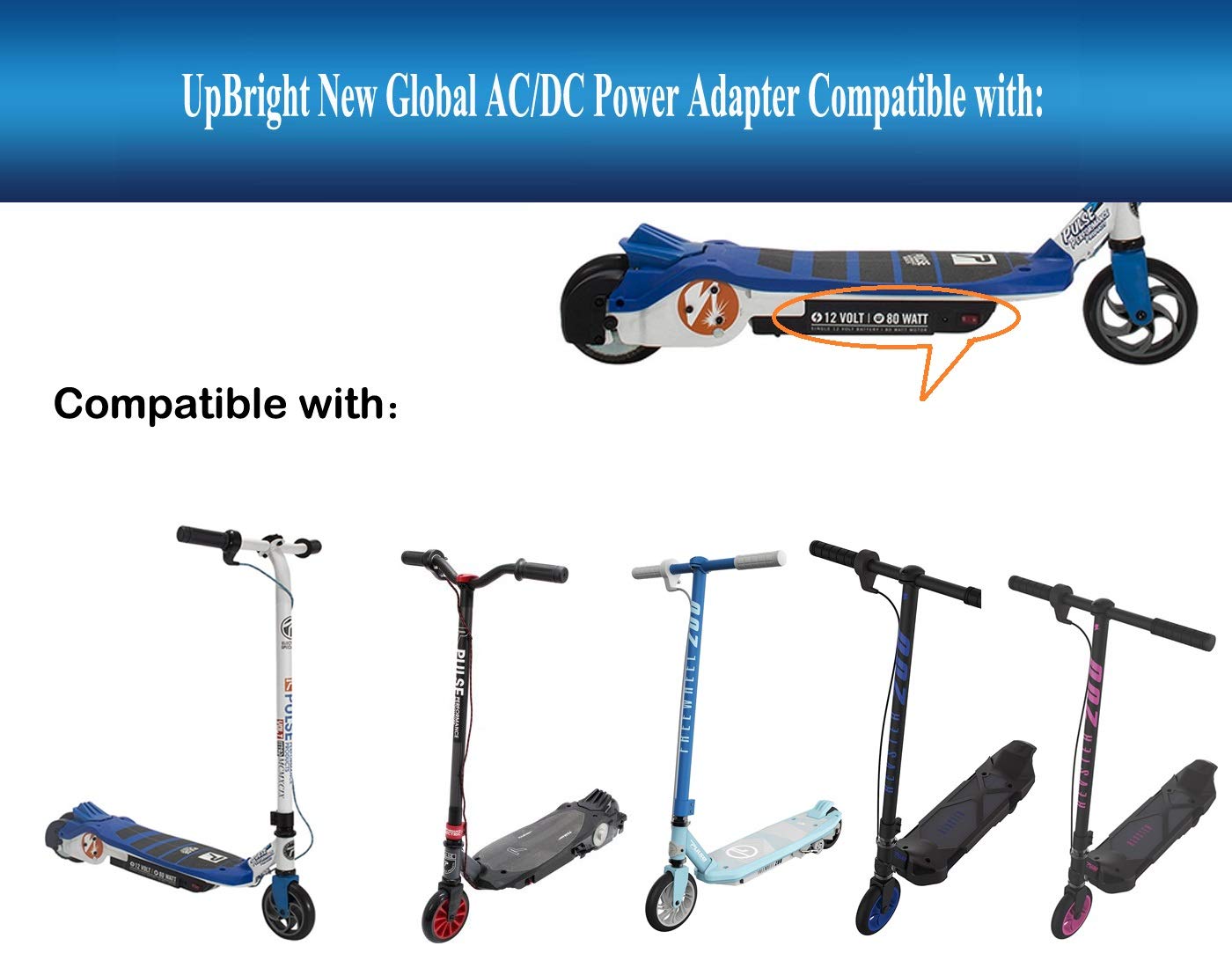 UpBright 12V AC/DC Adapter Compatible with Pulse Performance Revster 200 164235 169590 169878 164253 200s 169974 Razor E100 170018 E200 165715 160966 161909 161149 GRT-11 RK-9 164234 Scooter Charger