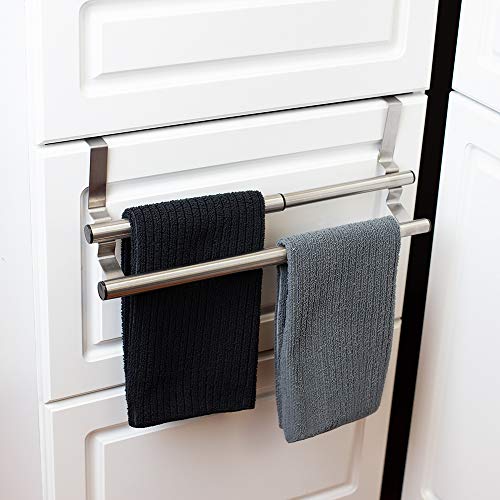 Home Basics Cabinet Door Quick Install Hanging Modern Expandable 2 Tier Steel, Storage and Display Rack for Hand, Dish, and Tea Towels, Chrome