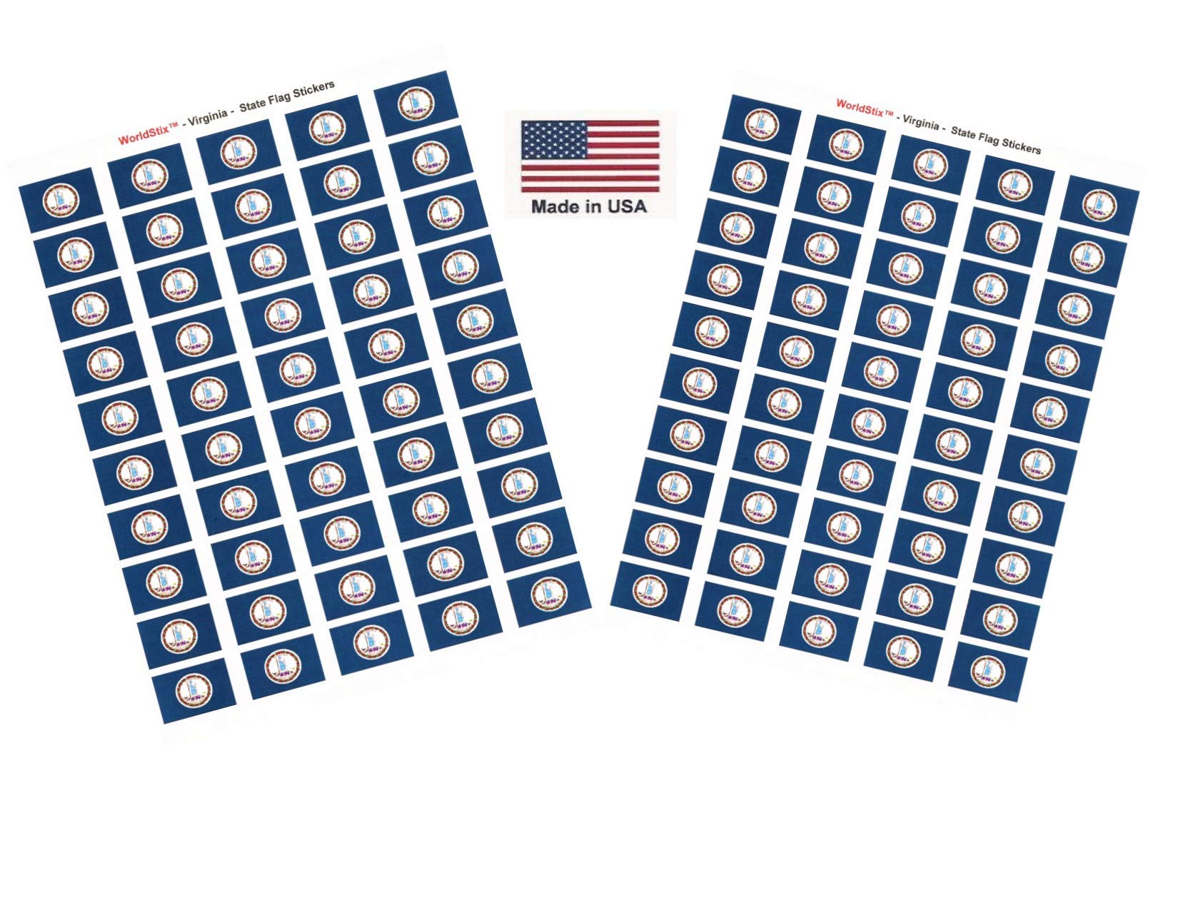 Made in USA! 100 Virginia 1.5" x 1" Self Adhesive State Flag Stickers, Two Sheets of 50, 100 Virginia Sticker Flags Total