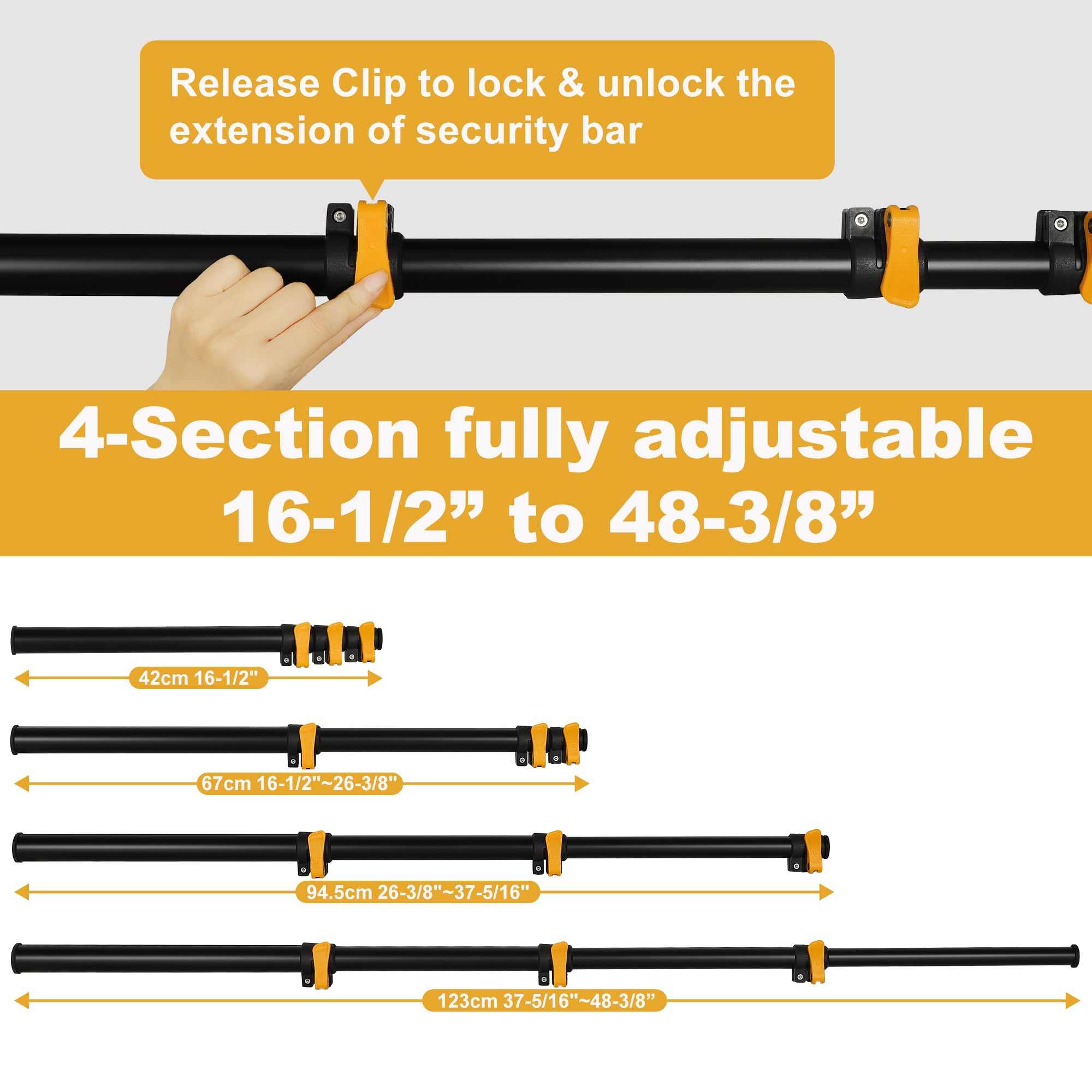 4-Section Upgrade Sliding Door Security Bar for Window A/C Units or Sliding Glass Pet Doors Installation, Fully Extendable (16-1/2" to 48-3/8"), No Drill Required, Matte Black