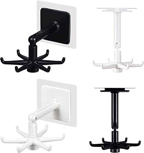 4pcs 360° Rotating Folding Self Adhesive Hooks with 180° Vertical Flip Claws for Bathroom Kitchen Office Towel (2 Black + 2 White)