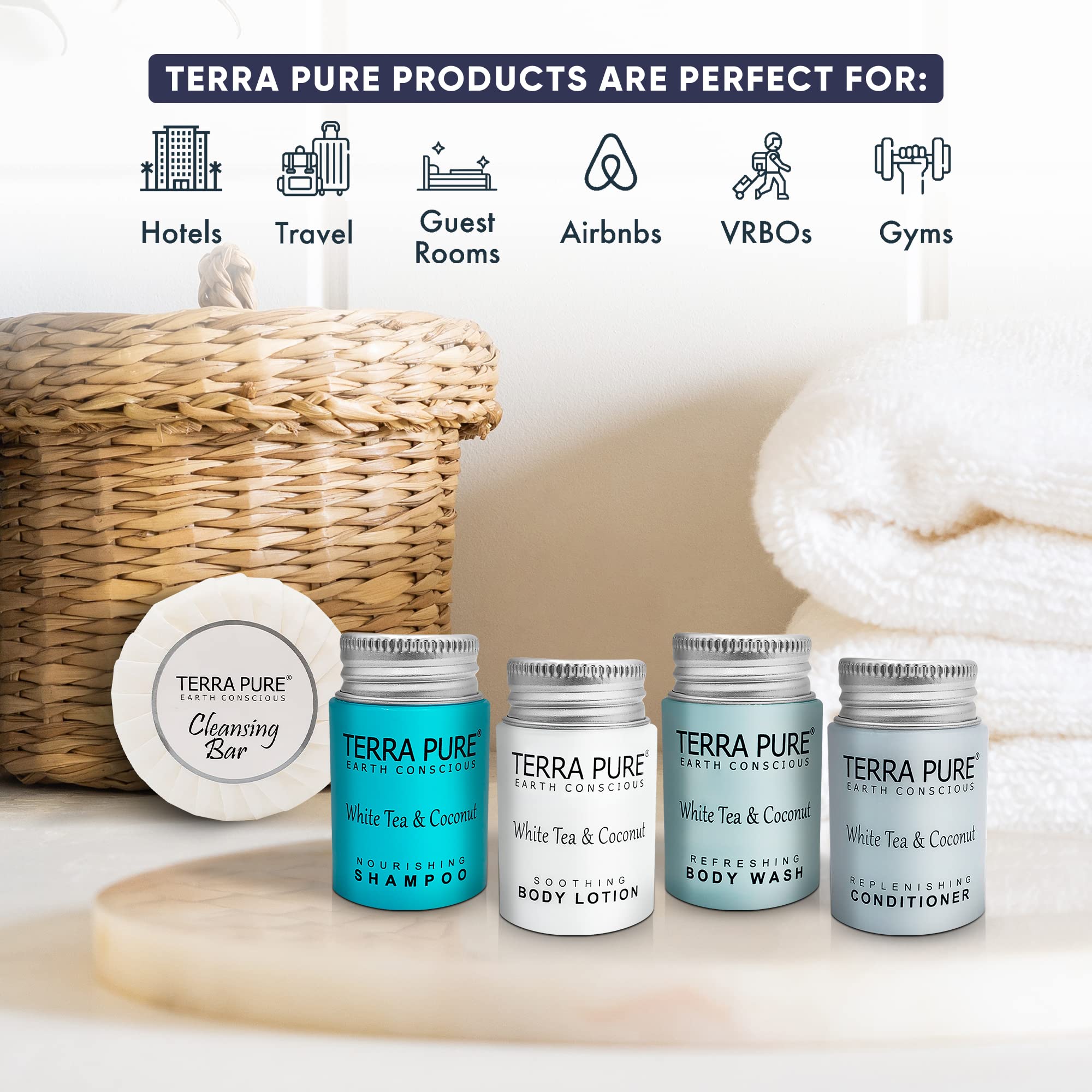 Terra Pure White Tea & Coconut Toiletries Set | 1-Shoppe Amenities Kit | 1oz Liquids, 1.25oz Bar Soap | Hotels, Airbnb & Rentals | 75 Pieces