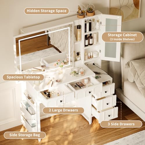 Breezestival Vanity Desk with LED Lights Mirror, White Makeup Vanity with Power Outlet & 5 Drawers, Dresser with Storage Shelves & Side Pocket for Bedroom, Dressing Room, 3 Adjustable Light Colors