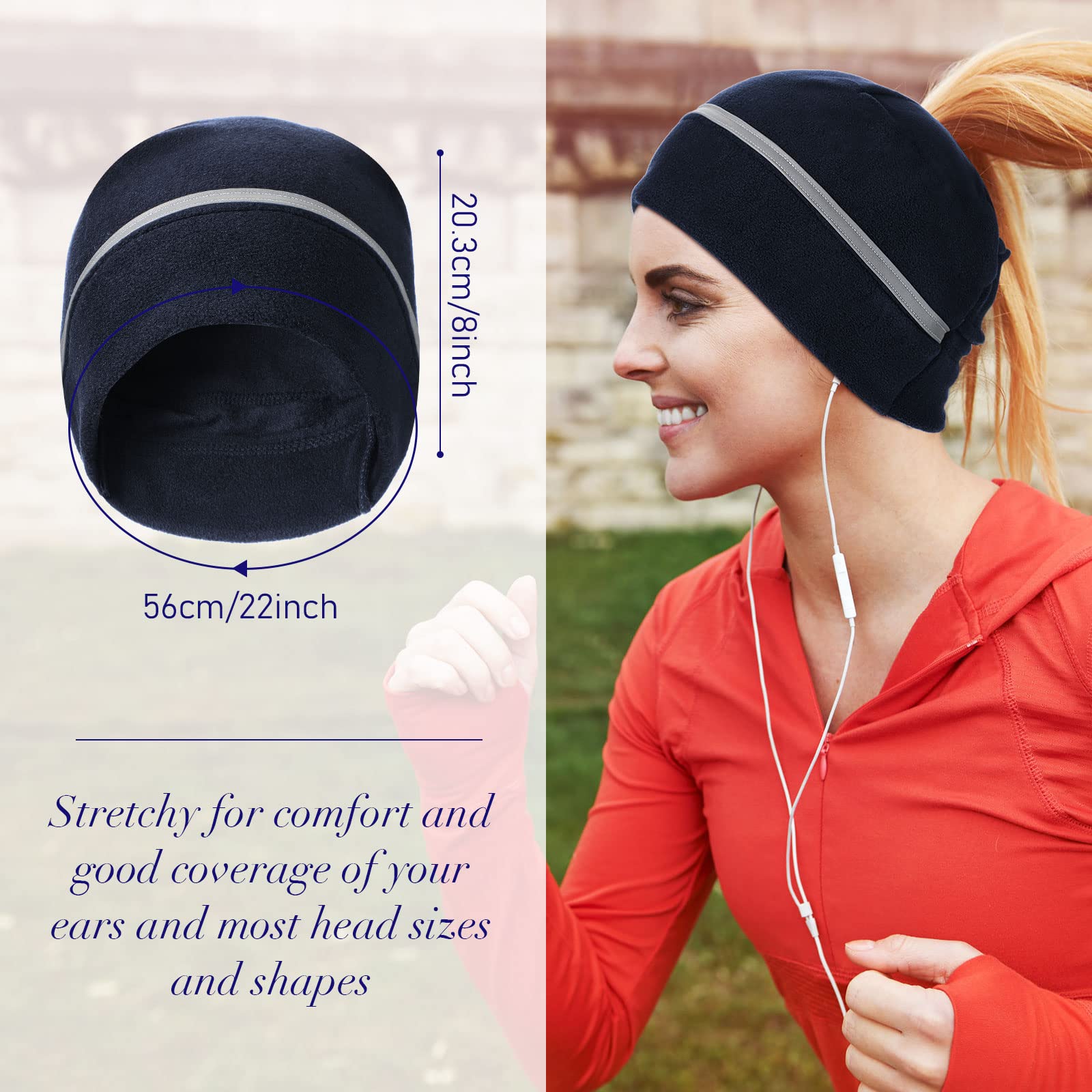 3 Pieces Reflective Fleece Running Ponytail Hat Women Safety Beanie with Ear Covers Cold Weather Skull Cap (Black, Dark Grey, Navy Blue)
