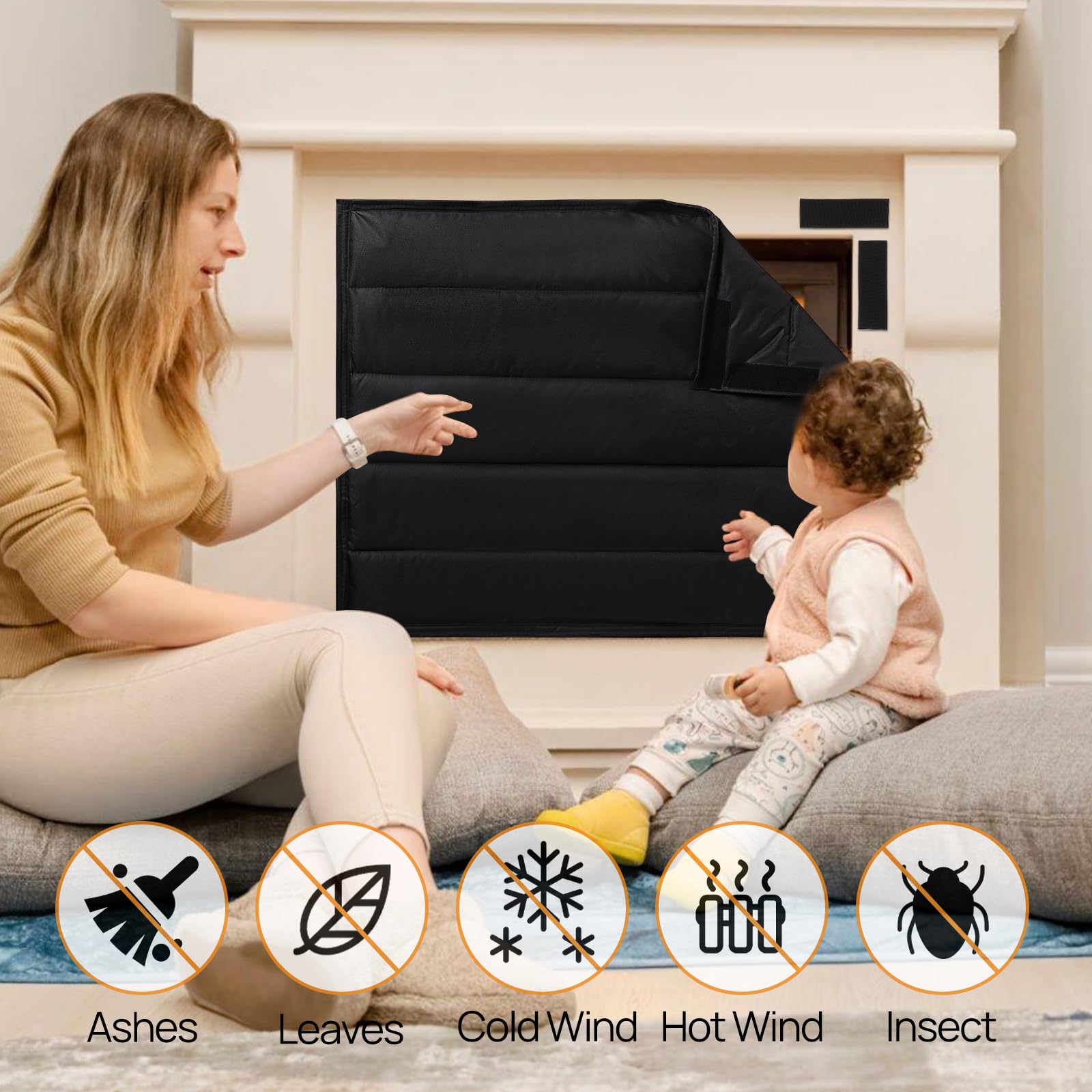 TURBRO Magnetic Fireplace Cover, 45” W x 34” H Magnetic Fireplace Draft Blocker, Indoor Vent Insulation Draft Stopper, Prevent Heat and Cold Air Loss, fits for Iron and Brick Frame, with Sticky Tapes
