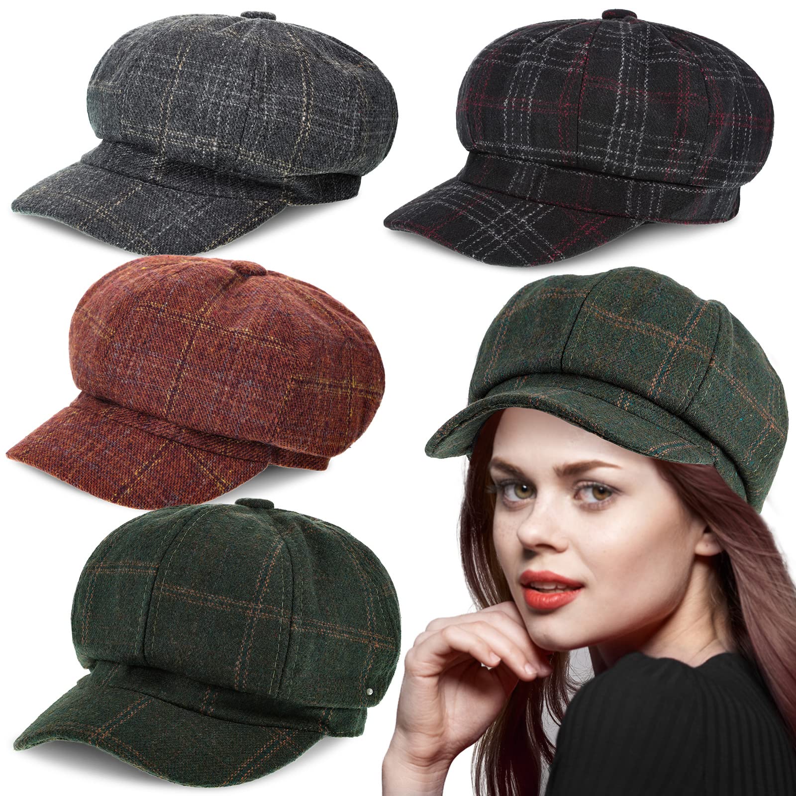 4 Pcs Women's Newsboy Hats Beret Cap All Match Girl's Cap Adjustable Octagonal Plaid Green Cap for Autumn Spring Winter