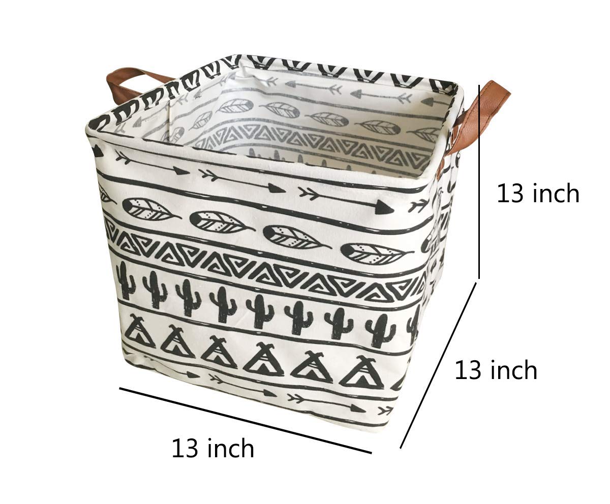 3 Pieces 13 Inch Square Storage Bin, Fabric Folding Storage Baskets with Handles, Arrow Tribe Pattern Storage Organizer for kid's Toy & Baby Clothing - Laundry Basket/Nursery Hamper (3Black Cactus)