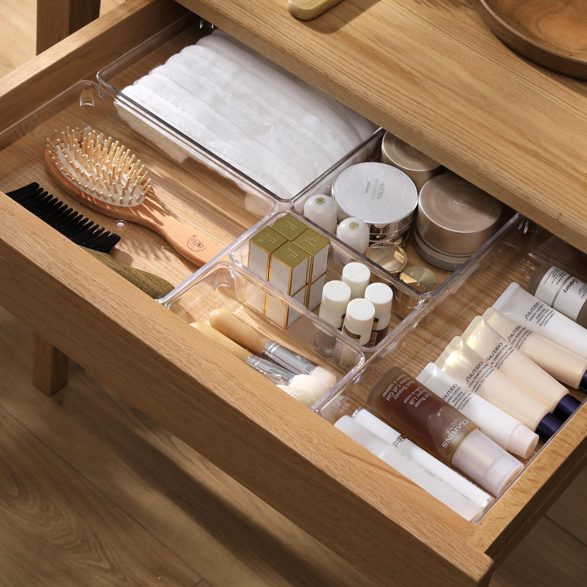 6 Pack Large Clear Plastic Drawer Organizer Trays, Acrylic Kitchen Drawer Organization and Storage Dividers, Non-Slip Storage Bins for Makeup, Kitchen Utensils, Bathroom, Jewelries and Office Desk