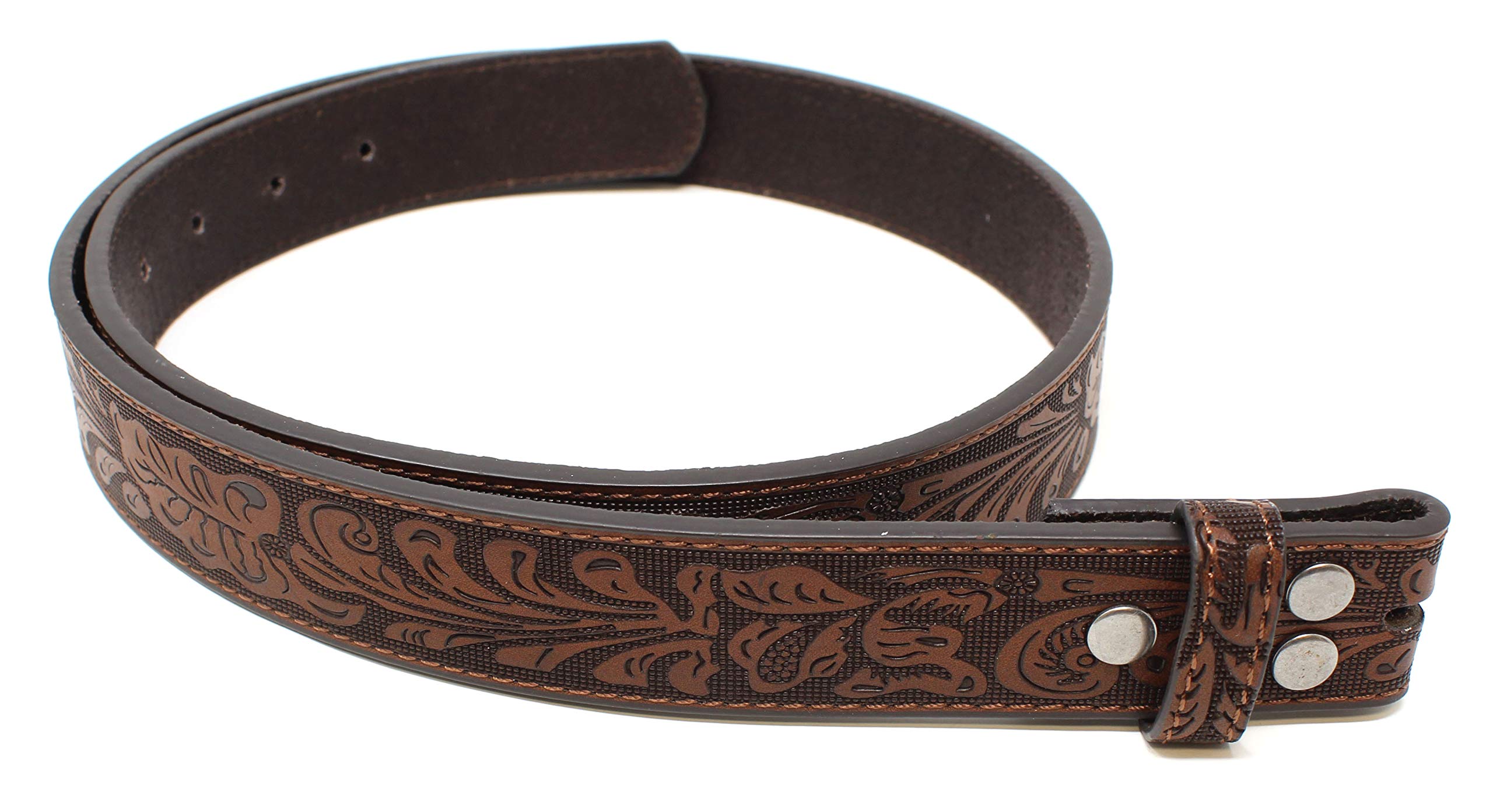 BC Belts Womens Leather Belt Strap with Embossed Western Scrollwork 1.25" Wide with Snaps (Brown-S)