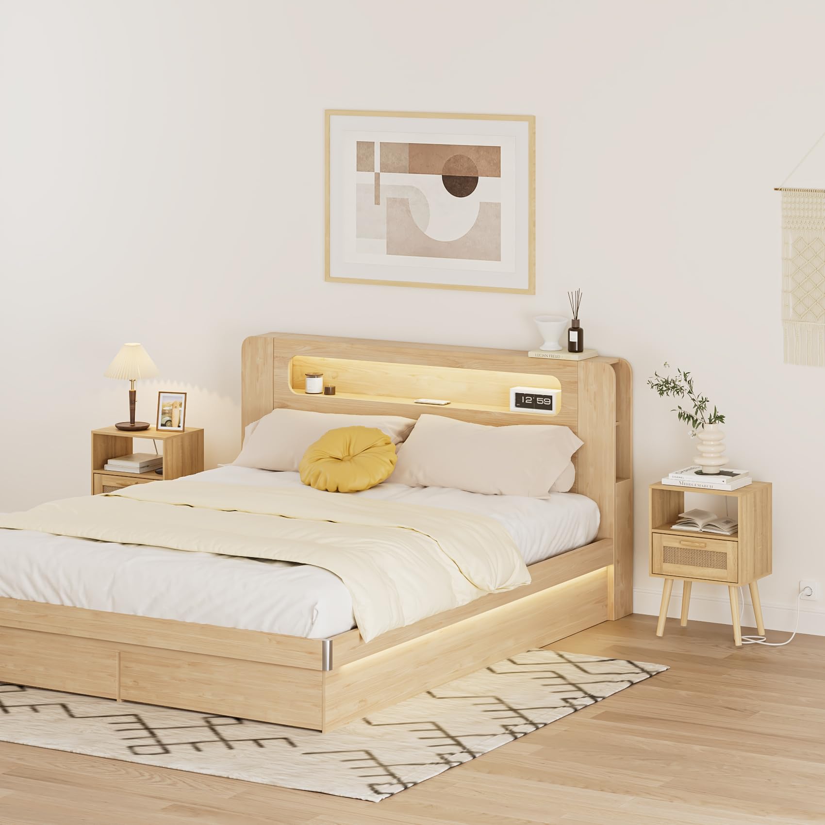 AEPOALUA Nightstands with Charging Station, End Table, Rattan Nightstand, Side Table with Hand Made Rattan Decorated Drawers, Wood Accent Table with Storage for Bedroom