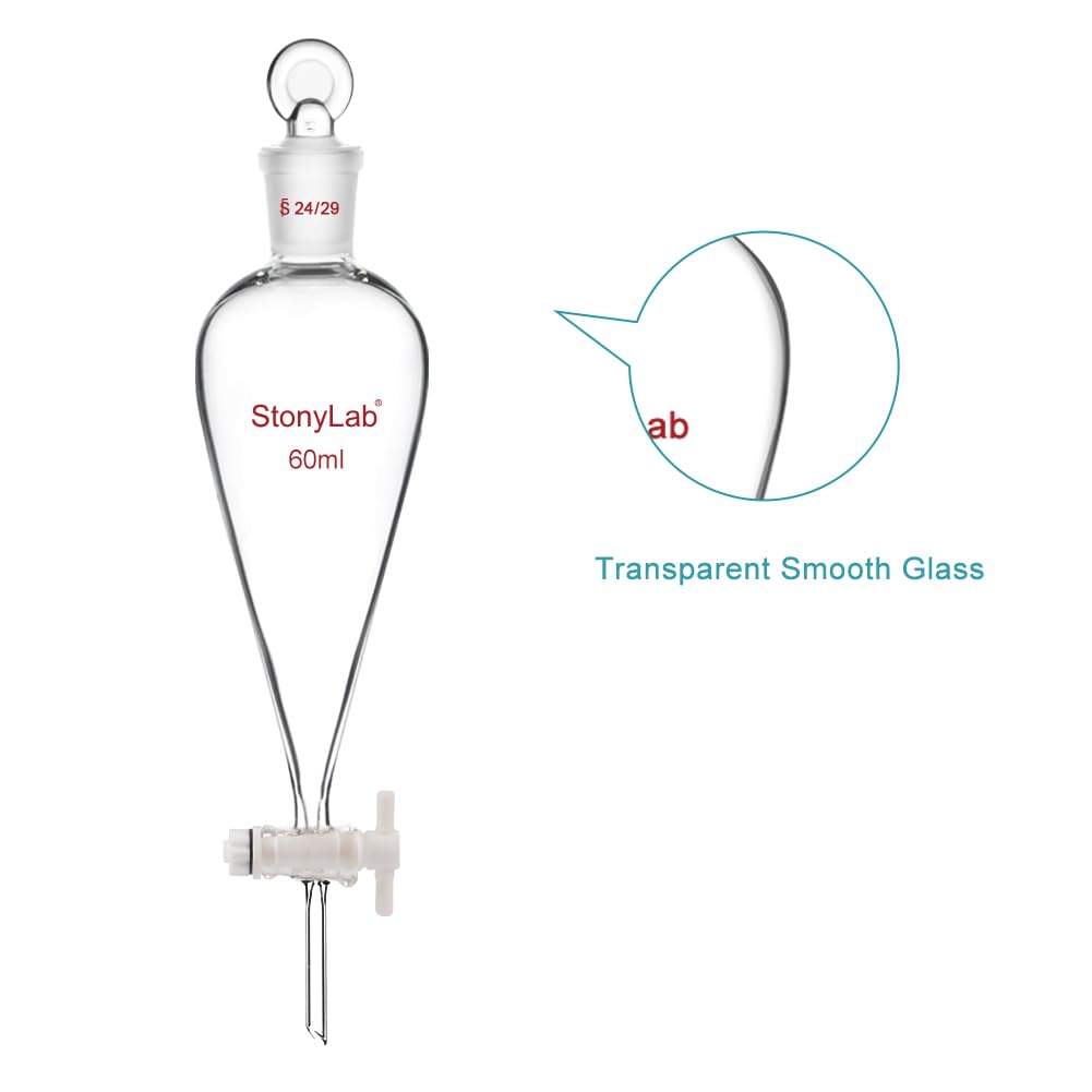 StonyLab PTFE Stopcock Separatory Funnel 60ml, Borosilicate Glass Heavy Wall Conical Pear-Shaped Separatory Funnel Separation Funnel with 24/29 Joint